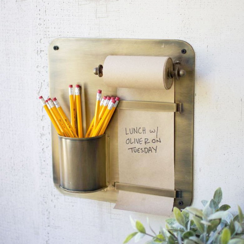 Brass Hanging Note Roll With Pencil Holder